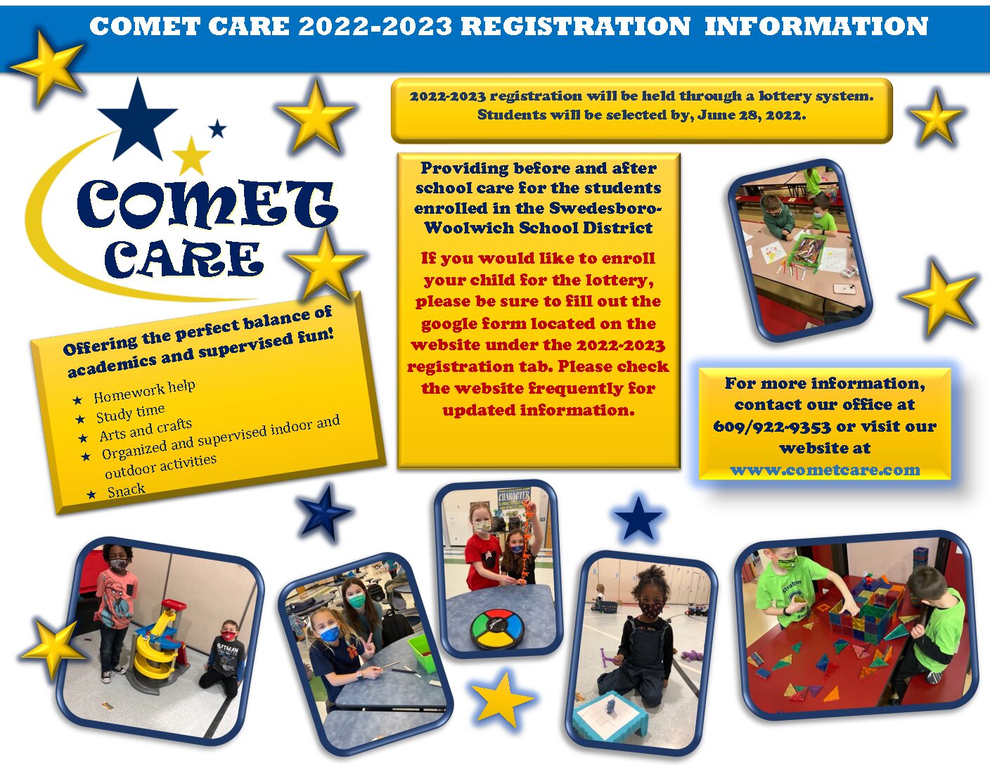 Comet Care daily schedule for Before & after school care